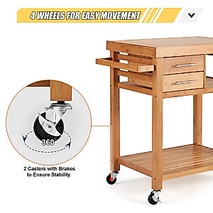 EROMMY Rolling Bamboo Wood Kitchen Island Cart, Multi-Purpose Kitchen Trolley Cart on Wheels, Rolling Kitchen Cart with Drawers, Open Storage Shelves, Towel Rack, Locking Casters