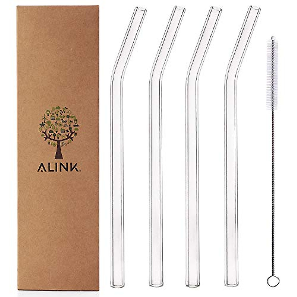 ALINK Glass Smoothie Straws, Reusable Clear Bent 9 in X 10 mm Drinking Straws, Set of 4 with Cleaning Brush