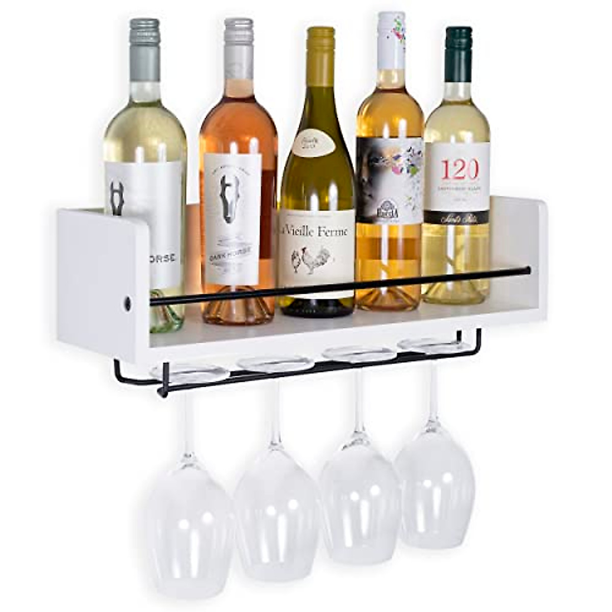 Rustic State William Wall Mount Wooden Wine Bottle and Stemware Rack Glassware Holder Floating Shelf - Home, Kitchen, Dining Room, Bar Décor Storage Organizer - White
