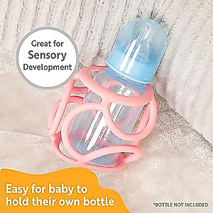 OgoBolli Grippi Teether Ring Tactile Sensory Ball and Baby Bottle Holder for Babies & Toddlers - Stretchy, Squishy, Soft, Non-Toxic Silicone - Boys and Girls Age 6+ Months - Pink