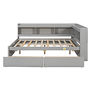 DEINPPA Full Size Platform Bed with L-Shaped Bookcase and 2 Drawers, Wooden Captain Bed Frame with Bookcase Headboard for Kids Teens Adult Boys Girls, No Box Spring Needed, Grey