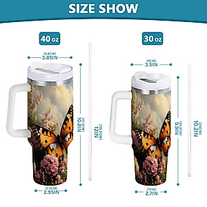 Jihqo Spring Butterflies Landscape 40 oz Stainless Steel Vacuum Insulated Tumbler with Handle and Straw Lid, Leakproof Water Bottle Double Wall Travel Mug Coffee Cup, Cupholder Friendly