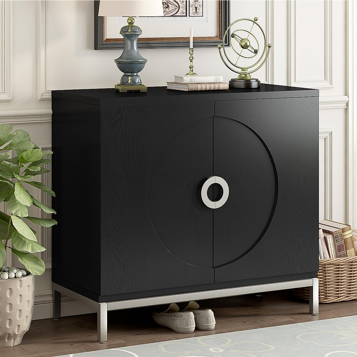 Simple Accent Storage Cabinet with Solid Wood Veneer and Metal Leg Frame,Fashion Style Solid Wood Sideboard with 2 Doors and Adjustable Shelves for Living Room Entryway Dining Room (Black#M)