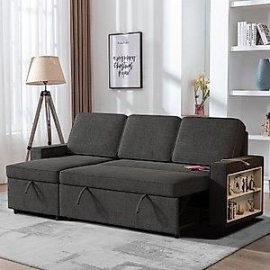 CAPCAEK 85.8" L-Shaped Couch Convertible with Storage Racks & USB Ports, Pull Out Sleeper Sofa Pull-Out Bed, 3 Seater Linen Fabric Convertible Corner Sofa&Couches for Living Room, Apartment (Black)
