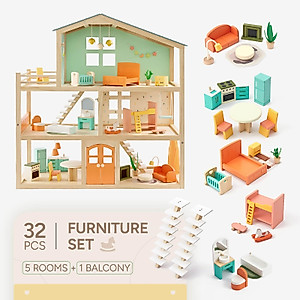 Large Pink Wooden Dollhouse with Furniture for Girls, 6 Rooms 2.6ft High with Elevator,Doorbell, Light,15 Pcs Furniture & 3 Dolls, Kids Playhouse Toy for Girls 3-7+, 31.5" x 25" x 12.2"