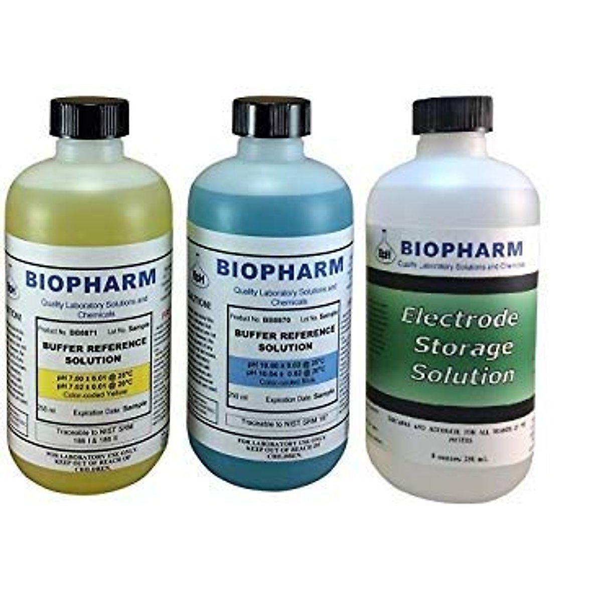 pH Buffer Calibration Kit: 3×250-mL (8.4 fl oz) Bottles, one pH 7.00 Buffer, one pH 10.00 Buffer, and one Electrode Storage Solution — NIST Traceable Reference Standards