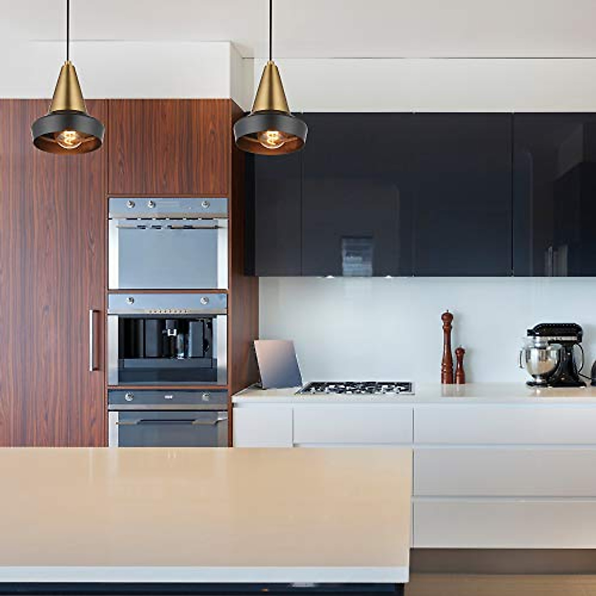 Globe Electric Monte 1-Light Plug-in or Hardwire Pendant Lighting, Matte Brass, Matte Black Accent, Black Fabric Cord, Gold