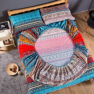 HNNSI Brushed Cotton Bohemian Duvet Cover and Fitted Sheet Sets Queen Size 4 Pieces, Bohemia Exotic Striped Bedding Sets, Boho Comforter Cover Sets,NO Comforter (Fitted Sheet Sets, Queen)