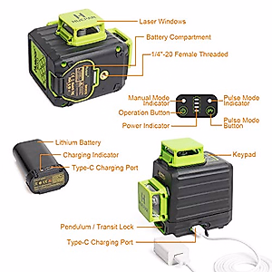 Huepar 3D Cross Line Self-leveling Laser Level 3 x 360 Green Beam Three-Plane Leveling and Alignment Laser Tool, Li-ion Battery with Type-C Charging Port & Hard Carry Case Included - B03CG Pro