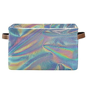Qilmy Light Blue Multicolored Iridescent Rectangular Storage Bin Organizer Laundry Basket, Foldable Rectangular Storage Box with Handles - Large Organizer for Home Decor, 15L x 11W x 9.5H in (1PC)