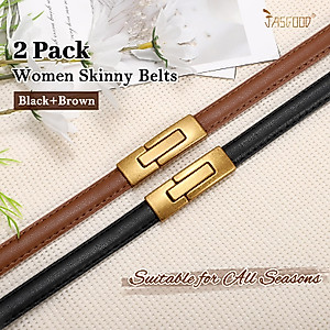 JASGOOD Women Skinny Belts Leather Thin Waist Belts for Dress Ladies Belts with Gold Buckle 2 Pack