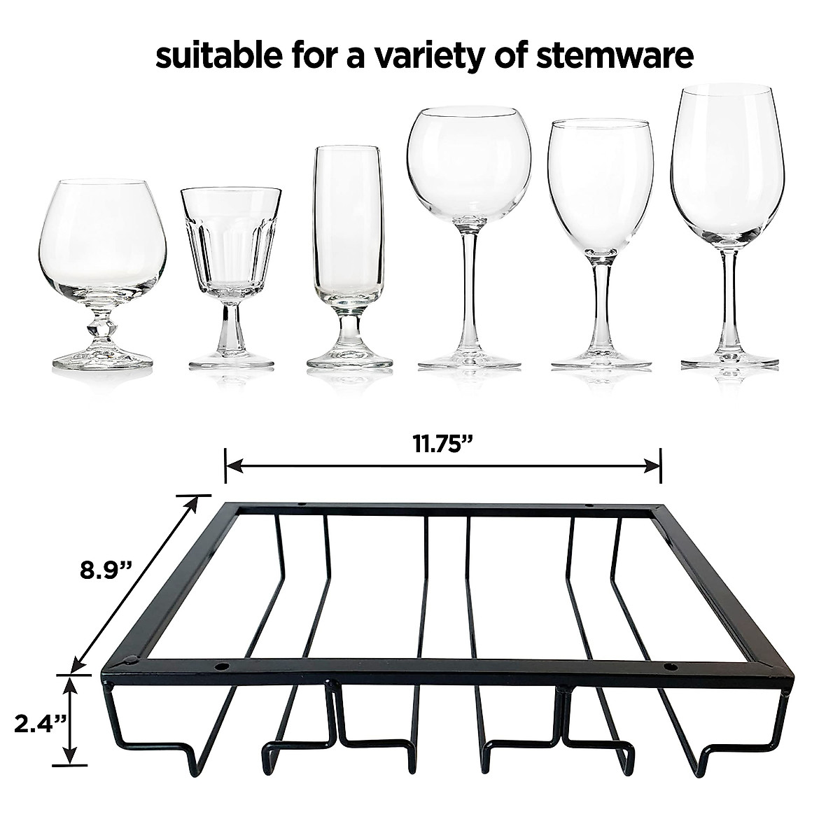 Handy Basix Wine Glass Rack Under Cabinet Wine Glass Holder Stemware Holder, Metal Storage Organizer for Bar Kitchen Cabinet 3 Rows (Black 1 Pack)