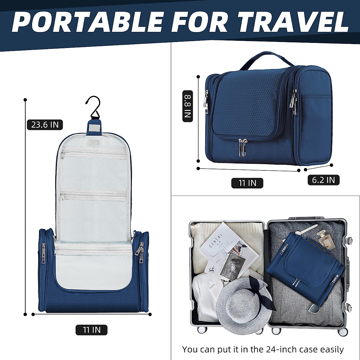 Buruis Large Capacity Toiletry Bag for Women and Men, Hanging Toiletry Organizer Cosmetics Makeup Bag, Water-resistant Dopp kit Shaving Bag for Full Sized Toiletries, Travel Essentials (Blue)