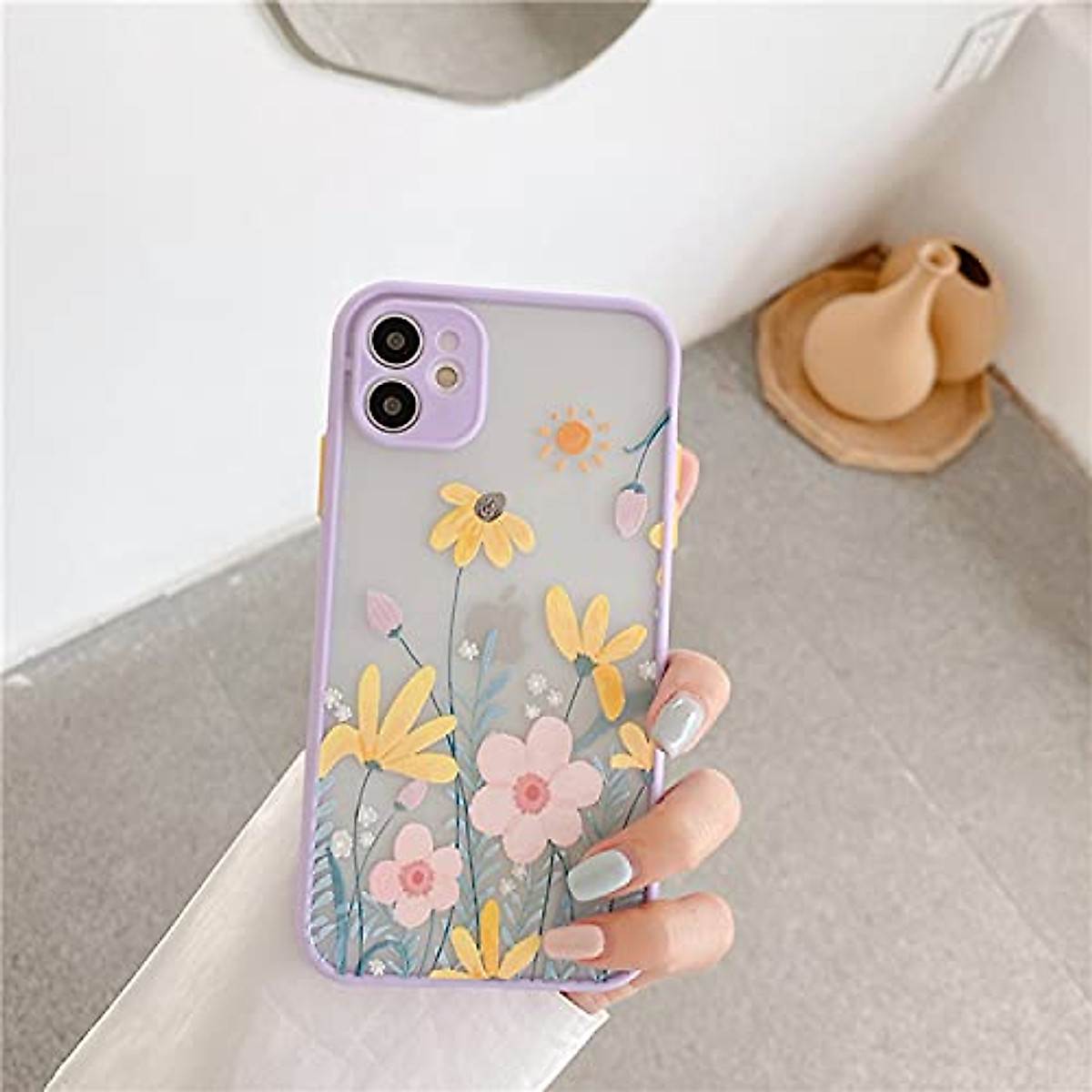Ownest Compatible for iPhone 11 Case for Flower Clear Frosted PC Back Floral Girls Woman and Soft TPU Protective Silicone Slim Case for iPhone 11-Taro Purple