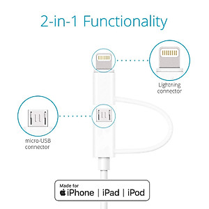 Apple MFi Certified 2 in 1 iPhone Charger Lightning Cable and Micro USB to USB Charger Cord, Compatible iPhone X, 8, 8 Plus,7 Plus, Android Data Cable 2 in 1 White(6FT)
