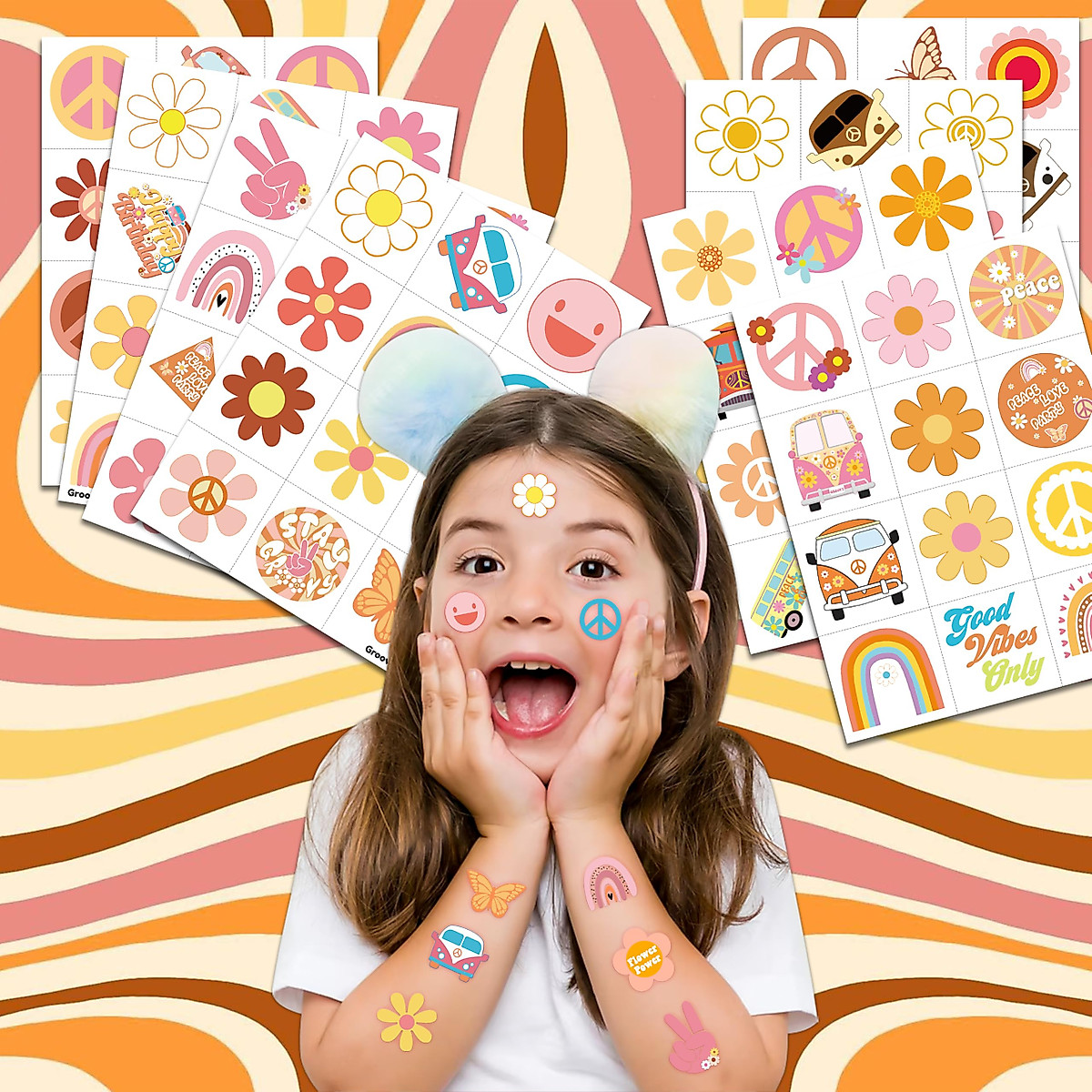 96PCS One Two Groovy 60s 70s Temporary Tattoos Birthday Theme Party Supplies Decorations Favors Decor Cute Retro Boho Hippie Rainbow Bus Tattoo Stickers Gifts for Kids Boys Girls Class Prizes Carnival