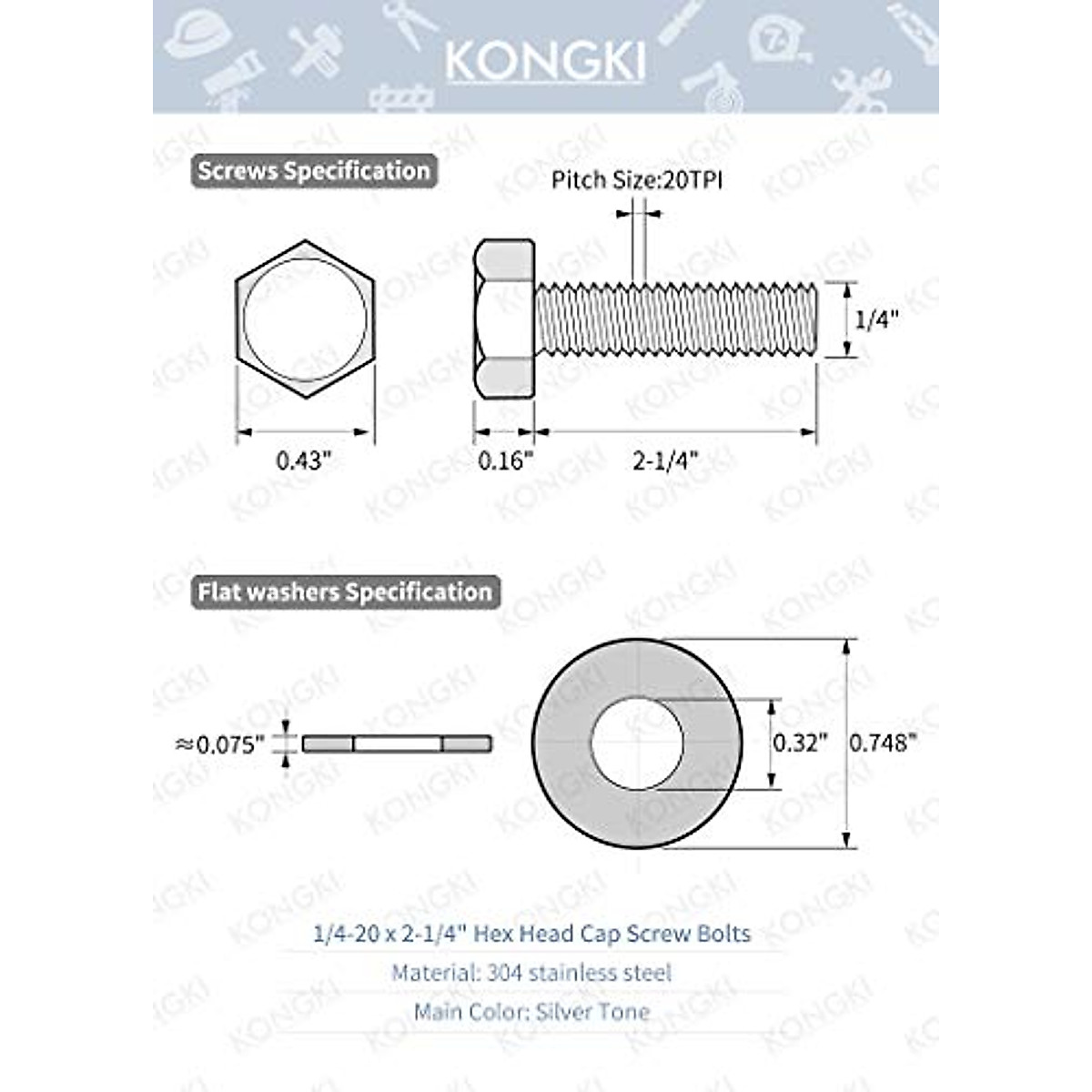 (8 Sets) 1/4-20x2-1/4" Stainless Steel Hex Head Screws Bolts Nuts Flat Washers & Lock Washers Kits, 18-8 (304) S/S,Full Thread,Machine Thread,Flat Washers Diameter 0.748"