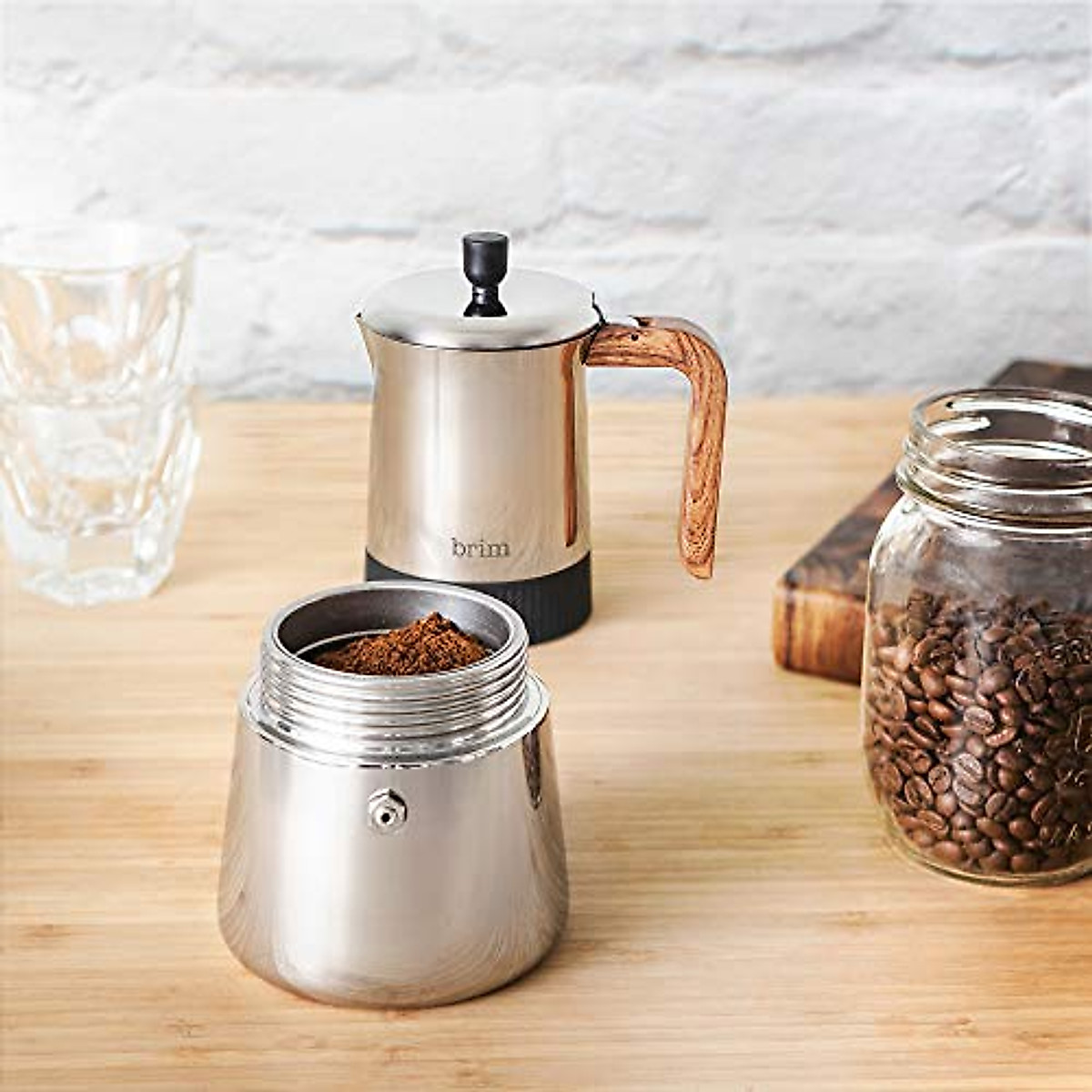 brim 6 Cup Moka Maker with Wood Pattern Handle