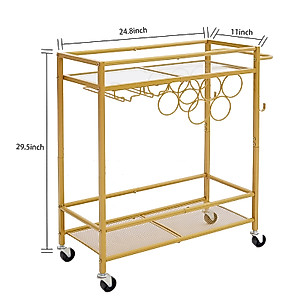 Bar Cart, 2-Tier Kitchen Cart with Wine Rack and Glass Holder, Gold Serving Cart with Wine Rack and Glass Holder, Rolling Serving Cart for Kitchen, Dining Room, Club, Bar, Living Room, Party, Gold