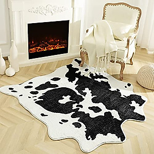 FALARK Fluffy Cow Print Rug Faux Cowhide Rugs for Living Room Bedroom, Cute Animal Print Carpet Western Home Decor Mat, Upgraded Luxury Area Rug Soft Cow Skin Rugs, Black and White, 4.6ft x 5.2ft