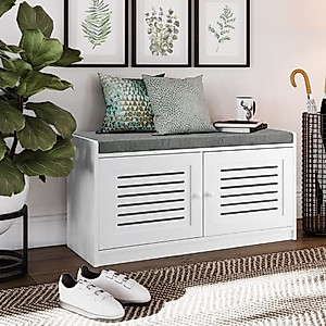 Sturdis Shoe Storage Bench White - Cushion Seat - Adjustable Shelves - Soft-Close Hinges - for Comfort & Style, Perfect for Entryway First Impression!
