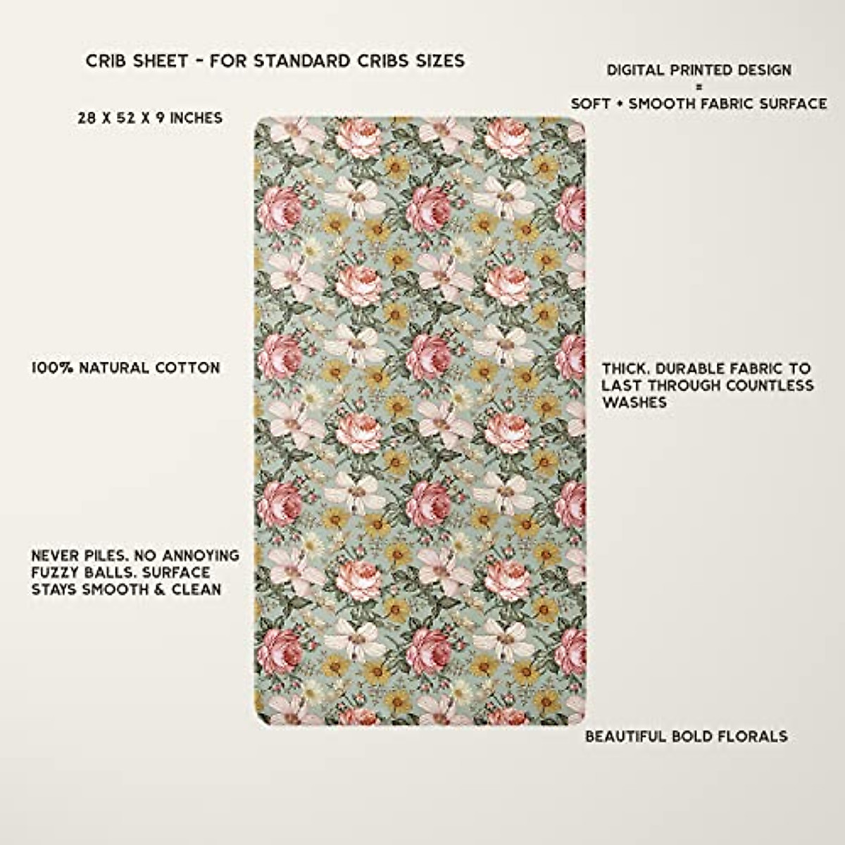 Fitted Crib Sheet - Garden Floral Pattern Design, Woven 100% Cotton (Sea Foam, Regular (28x52x9) in)