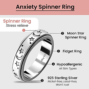 Shop LC 925 Sterling Silver Fidget Ring Men Spinner Ring Moon Star Anxiety Ring for Women Wedding Band Platinum Plated Statement Jewelry Stress Relief Bridal Engagement Rings Size 8 Birthday Gifts