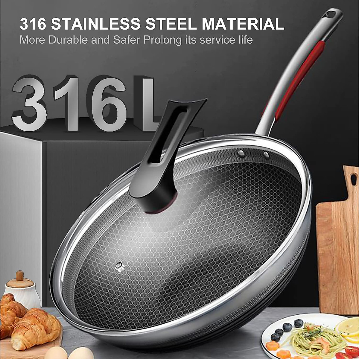 316L Stainless Steel Non Stick Wok Pan with Lid,12.6 Inch Saute Pans Nonstick Stir Fry Pan suit for Induction Cooktop, Gas, Ceramic and Electric Stove,Safe for Dishwasher and Oven,Stay-Cool Handle