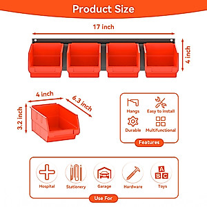 TNINE 16-Pack Plastic Wall-Mounted Stackable Storage Bins with 4 Steel Rails - Tool Organizer for Garage or Workshop
