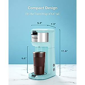 Famiworths Single Serve Coffee Maker for K Cup and Ground Coffee, 6 to 14 Oz Brew Sizes, Fits Travel Mug, Mini One Cup Coffee Maker with Self-cleaning Function, Cyan