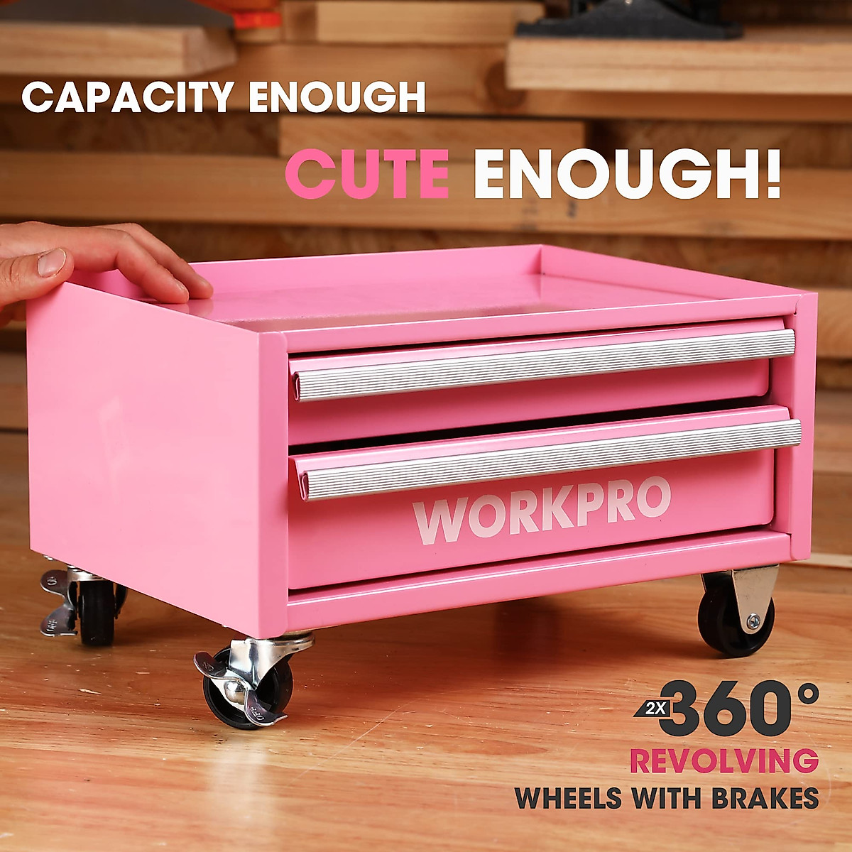WORKPRO Pink Real Tool Set for Kids with 12 Inch Mini Steel Tool Box with Wheels, 10PCS Kids Real Tools with 2 Drawers Desk Metal Rolling Tool Chest, Children's Tool Kit for Home DIY- Pink Ribbon