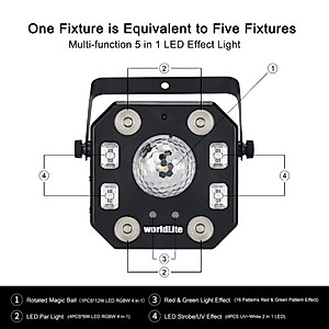 Stage Lights DJ Lights, WorldLite LED Effect Light 5 in 1 with Magic Ball, LED Par Pattern Lights and LED Strobe/UV, Great for Stage & DJ Lighting, Wedding Church Club Disco Party Lighting