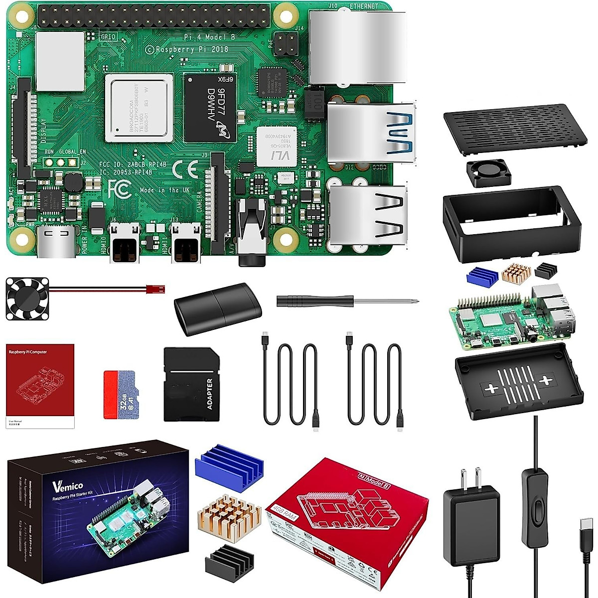 Vemico Raspberry Pi 4B 4GB Kit with 32GB Card 5V3A Power Supply with ON/Off Switch 3 Heatsinks 4K Micro HD Out Cables Pi4 Case Cooling Fan