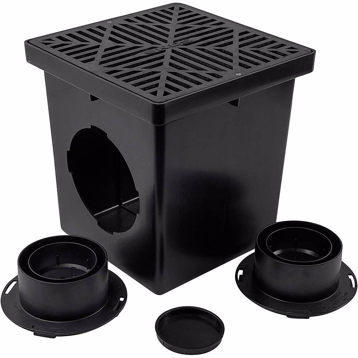 NDS 1200BKITRTL1PK Square Kit with 2-Opening Catch Basin, 2 Adapters, 1 Outlet Plug, and 1 Plastic Drain Grate, 12-Inch, for Lawns, Landscaped Areas, Black