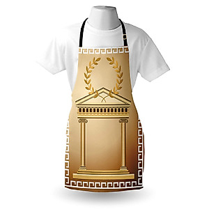 Ambesonne Retro Apron, Antique Building Roman Olive Branch and Greek Architecture Motif, Unisex Kitchen Bib with Adjustable Neck for Cooking Gardening, Adult Size, Brown Coffee