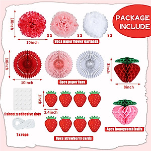 24PCS Strawberry Party Decorations Set Strawberry Honeycomb Balls Fans Lantern Tissue Pom Poms Garland Hanging Swirl Red Pink Banner Girl Baby Shower Bridal Berry First Birthday Decor Supplies
