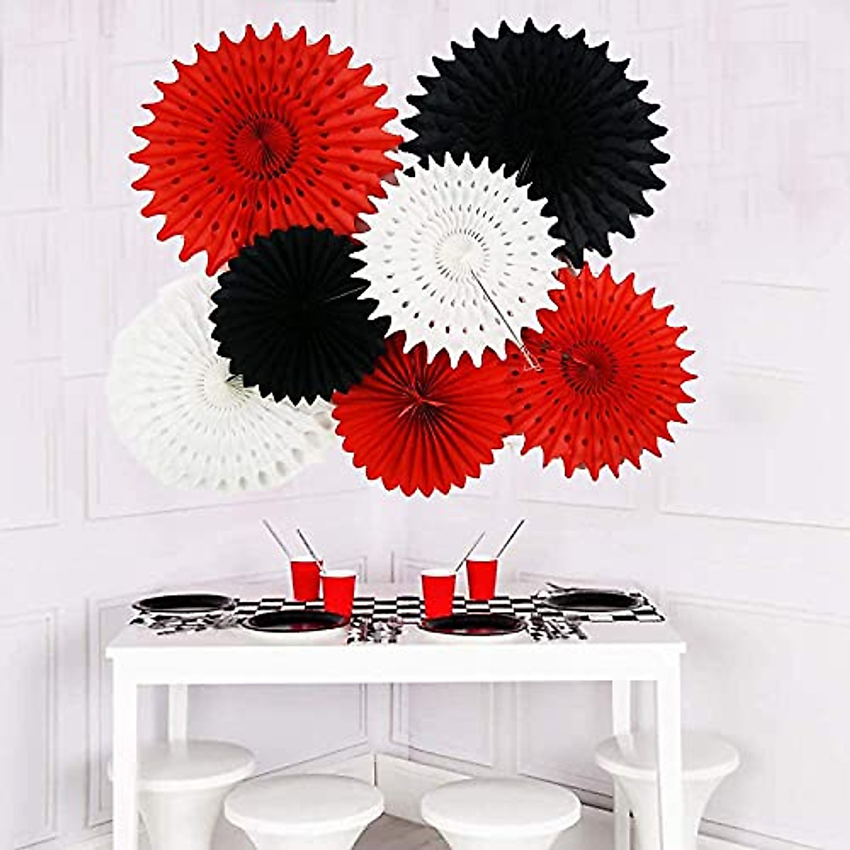 Graduation Decorations Black and Red 2023 White Red Black Qian's Party Mickey Mouse Party Supplies Tissue Paper Fans for Minnie Mouse Birthday Decorations Red Black Birthday Party Decorations