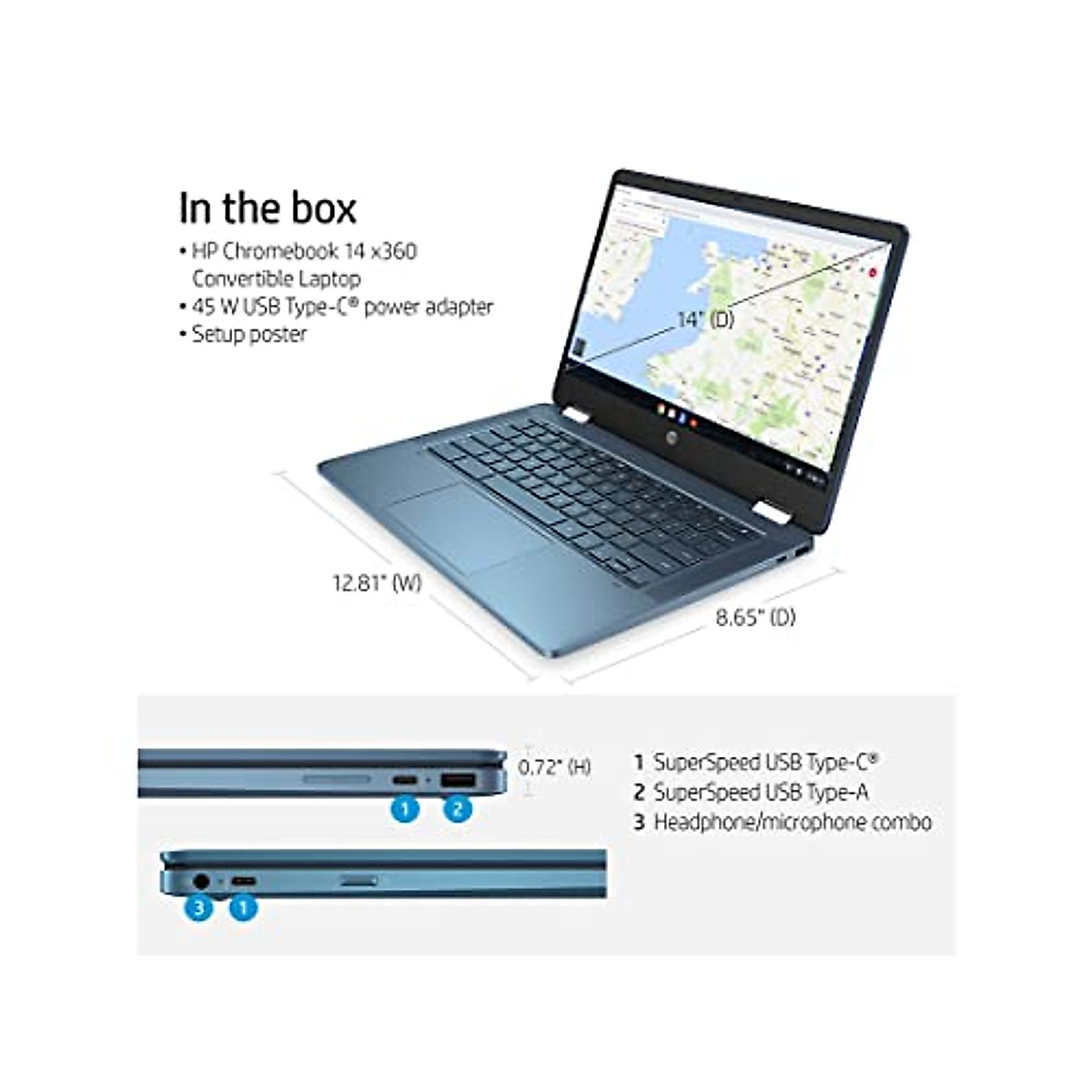 HP 2022 14" Touchscreen Chromebook x360 Convertible Laptop, Intel Celeron N4120 Processor, 4GB RAM, 64GB eMMC Storage, HD Webcam, Forest Teal, Chrome OS, 128GB SnowBell USB Card