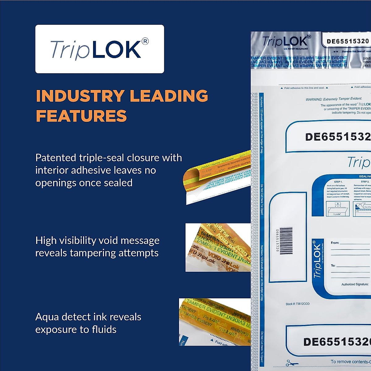 ControlTek TripLok 9" x 12", White with Pocket, 100 Bags, Tamper-Evident Deposit Bags for Cash Handling & Valuables, Moisture, Heat and Cold Sensitive Ink, Tear-off receipt + Large Barcodes 585036