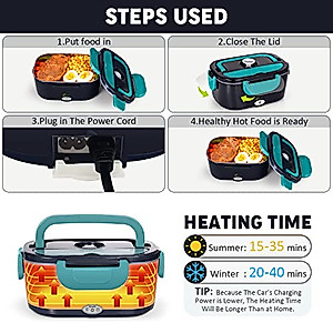 Yoorbee Electric Lunch Box Food Heater, 60W Heated Lunch Boxes for Adults,Durable 3-In-1 Portable Food Warmer for Car& Home/Office,Leak-proof,with Fork&Spoon,Carry Bag