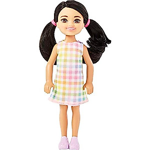 Barbie Chelsea Doll, Small Doll with Black Hair in Pigtails & Brown Eyes Wearing Removable Plaid Dress & Pink Shoes