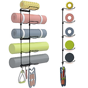 Yoga Mat Holder Wall Mount, Wall Rack Organizer, Storage Foam Roller and Block, with 5 Sectional and 3 Hooks for Hanging Yoga Strap, Resistance Bands at Fitness Class or Home Gym, Decor(Black)