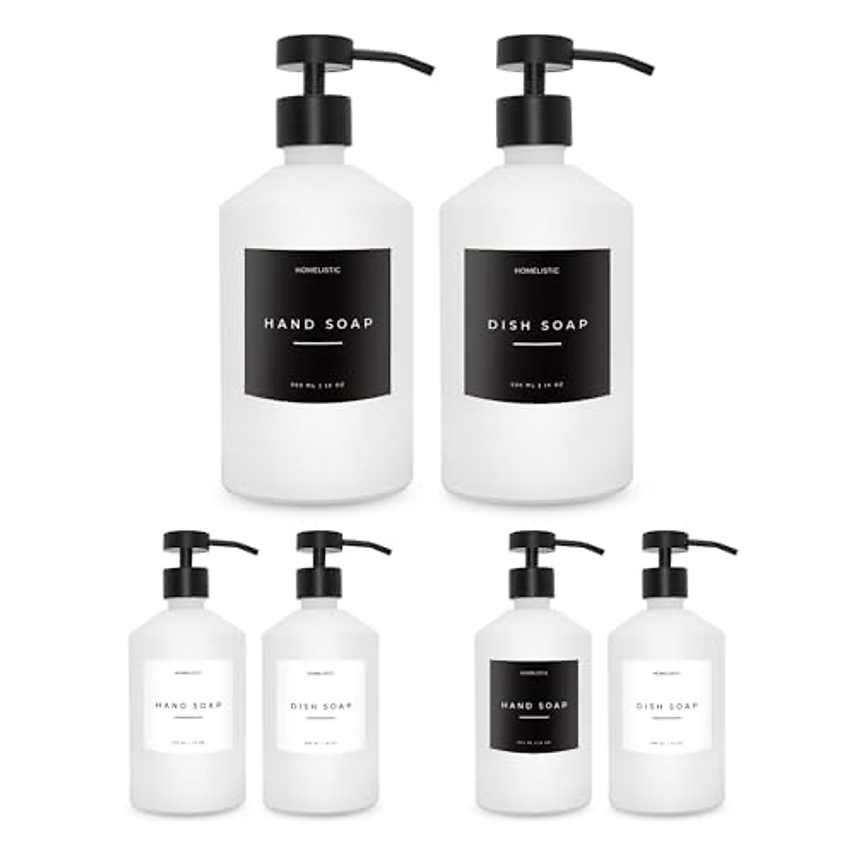 Luxury Glass Soap Dispenser Set of 2 - Elegant Aesthetic White Glass Bottles with Modern Matte Black Stainless Steel Pumps, Ideal for Kitchen, Bathroom, Hand Soap, Dish Soap, and More.