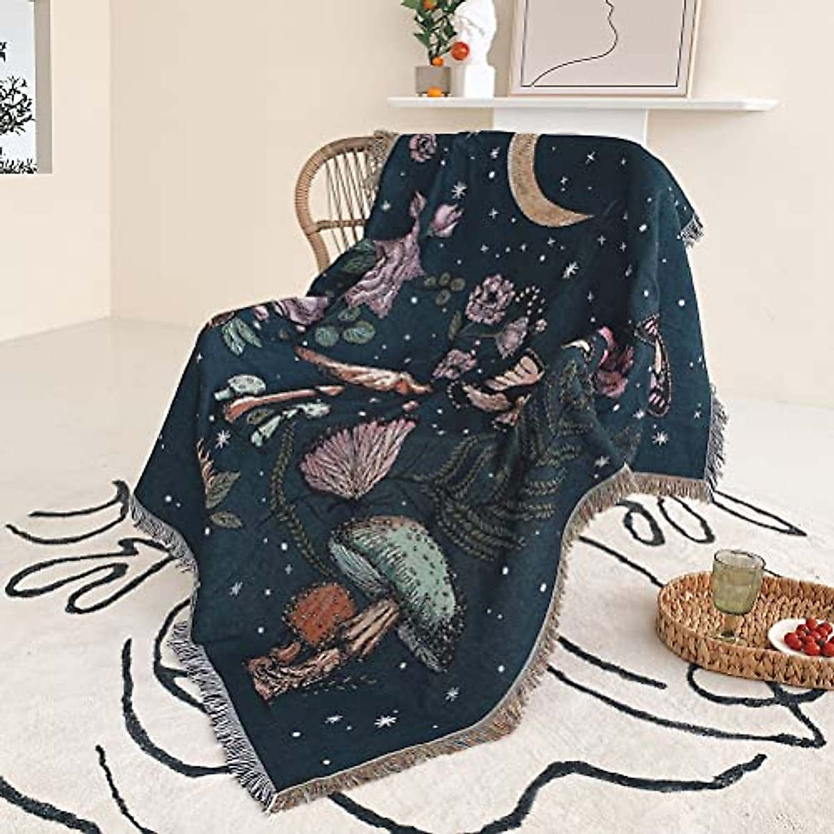 tiowik Mushroom Butterfly Flower Moon Throw Woven Blanket with Tassel for Home Decoration Chair Couch Sofa Bed Beach Travel Picnic Cloth Tapestry Shawl Cozy Cotton (Navy Blue 63×51 Inches)
