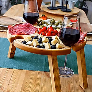 Wooden Outdoor Folding Picnic Table,Portable Creative 2 in 1 Wine Glass Rack Compartmental Dish for Cheese and Fruit,Collapsible Table for Lawn,Beach,Outdoors,Garden,Travel Brown-13.8"