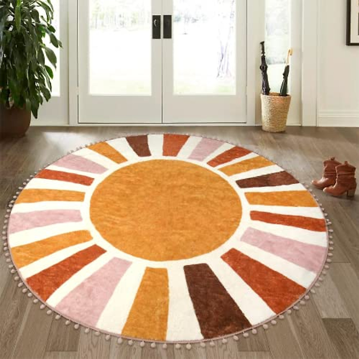 LIVEBOX Retro Sun Round Rug 5.2ft, for Entryway, Non-Slip Cute Colorful Kids Circle Boho Carpet for Bedroom,Nursery Washable Throw Area Rug for Living Room Office