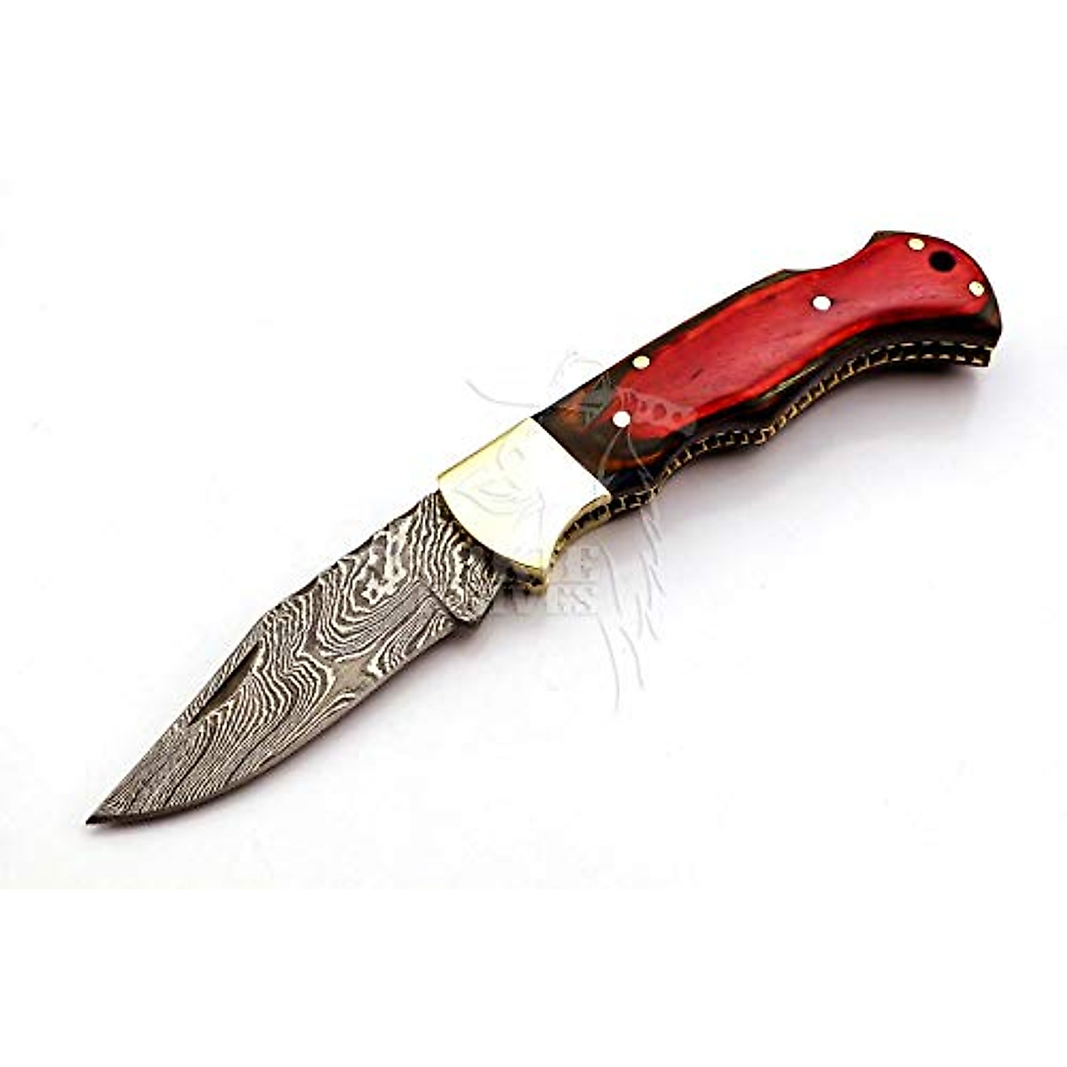 Skokie Knives Custom Hand Made Damascus Steel Hunting Folding Knife Handle Pakka Wood