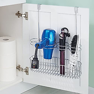 mDesign Metal Bathroom Storage Tool Organizer Accessory Basket Tray - Hang Over Cabinet Door - Storage for Hair Dryer, Straightener, Curling Iron & Hair Styling Products - Concerto Collection - Chrome