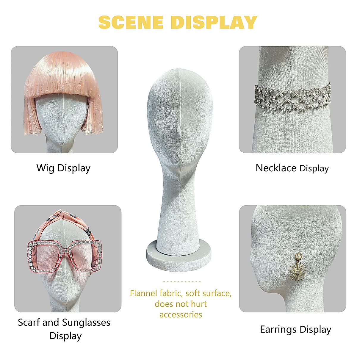 DE-LIANG Female Velvet Head Dress Form Mannequin Fully Pinnable Head for Hat Wig Jewelry Earring Scarves Display Clothing Fabric Head Model for Sale Silver Grey40cm