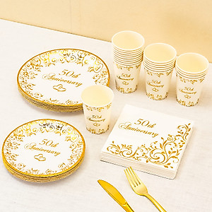 Crisky Gold Foil 50th Anniversary Napkins Plates Cups Set for 50th Anniversary Party Decorations Party Supplies Tableware, Set of 24 (9" Plates,7" Plates, Luncheon Napkins, 9oz Cups)